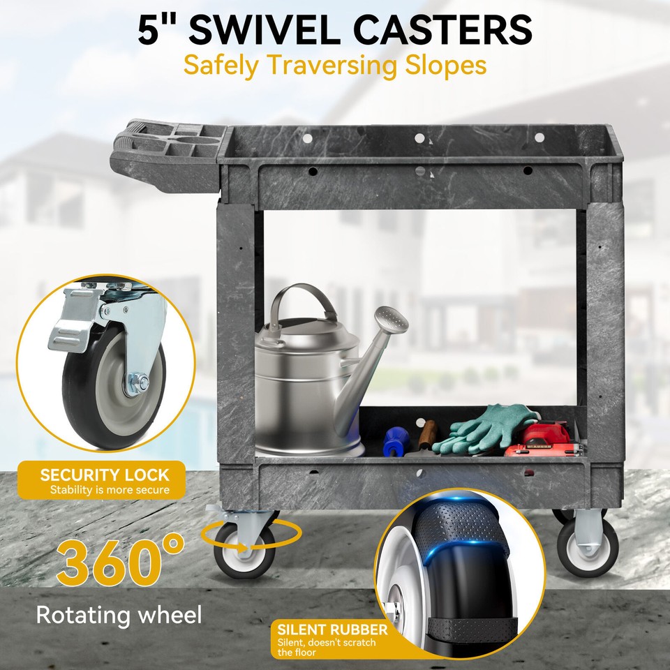 550 lbs Capacity Utility Cart 2 Shelf Rolling Storage Plastic Service ...