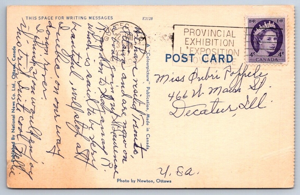 Rideau Canal Scene, Ottawa, 1957 Postcard, Provincial Exhibition Slogan ...