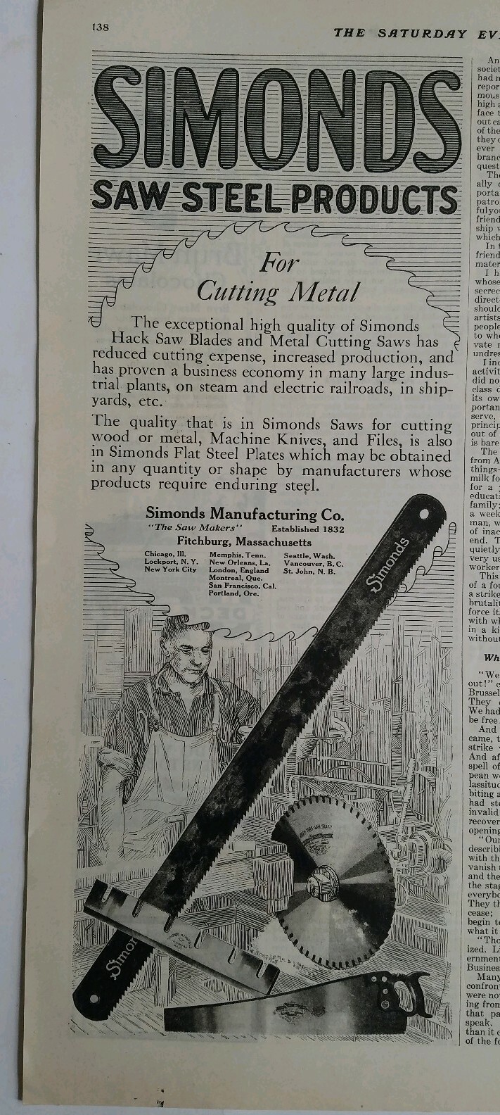 1919 Simonds saw Stihl products for cutting metal vintage tool original ...