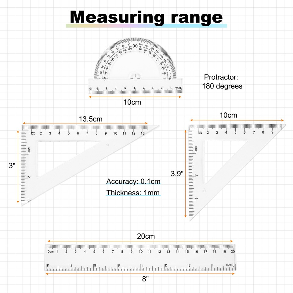 4pcs Triangular Ruler Set 20cm Plastic Ruler Protractor Triangle Ruler ...