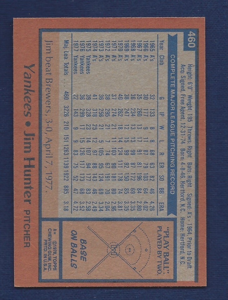 RAZOR SHARP PACK FRESH 1978 TOPPS #460 JIM HUNTER HOF .99 SHIPPING M516 ...