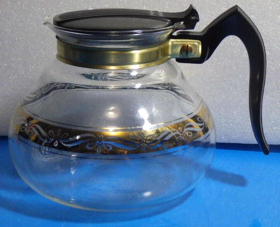 vintage gold trim cory glass coffee pot carafe Bakelite lid handle 8 C ...