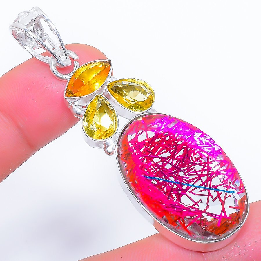 Pink Rutile Quartz, Citrine 925 Sterling Silver Jewelry Pendant 2.5" | eBay