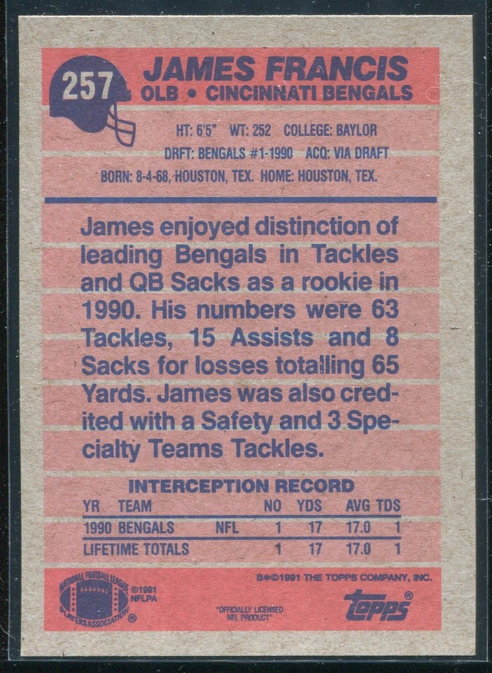 1991 Topps Football James Francis #257 Cincinnati Bengals Super Rookie ...