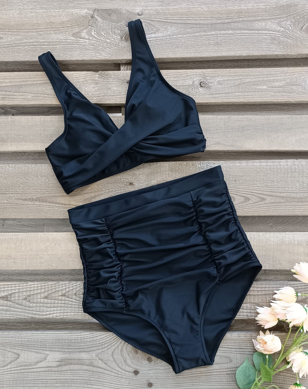 SPORLIKE Women High Waisted Ruched Lace Up Back Bikini Solid Black ...