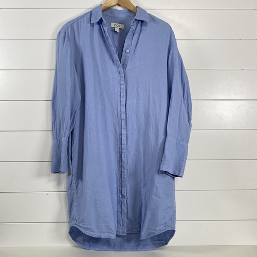 COS Womens 100% Linen Midi Oversized Shirt Dress size 2 Blue Coastal ...