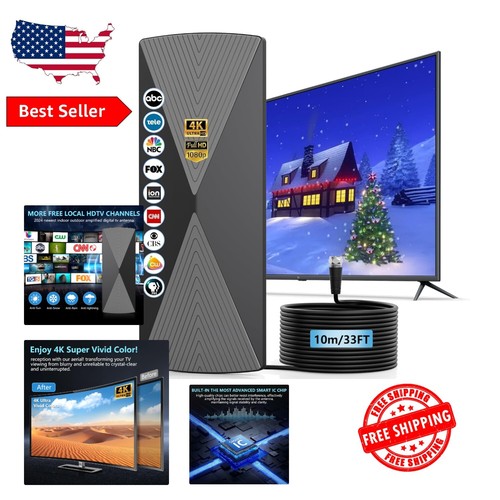 Long Range Indoor/Outdoor TV Antenna with 33ft Cable - 450+ Channel ...