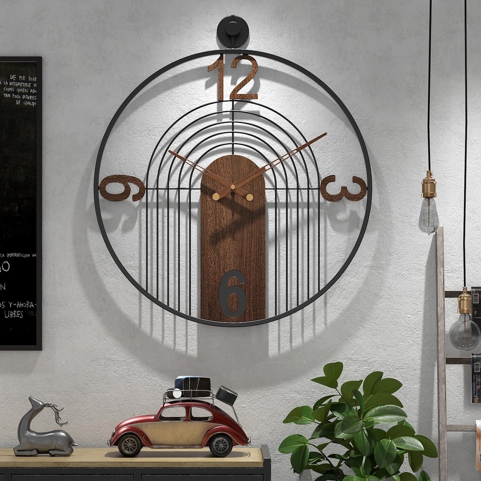 Large Modern Walnut Dial Wall Clock, Wood Metal Frame Silent Non ...