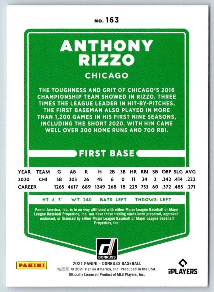 2021 Donruss Anthony Rizzo #163 Chicago Cubs Baseball Card | eBay