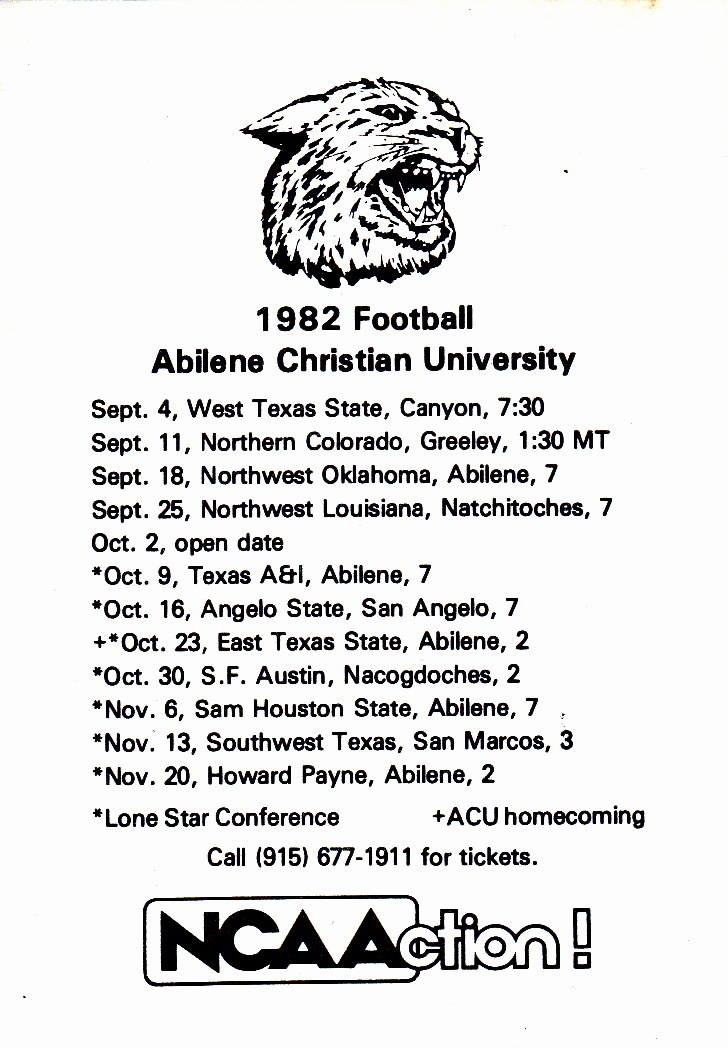 1982 ABILENE CHRISTIAN UNIVERSITY FOOTBALL POCKET SCHEDULE | eBay