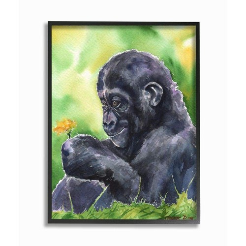 11x14 Black Framed Baby Gorilla & Flower Watercolor Painting, Green ...