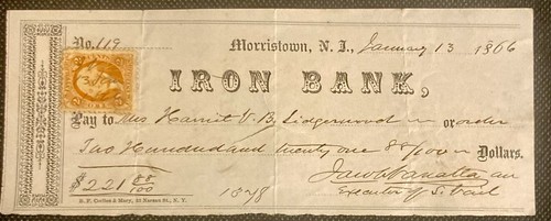 National Iron Bank, Morristown, NJ 1866 Check Executor Account of ...