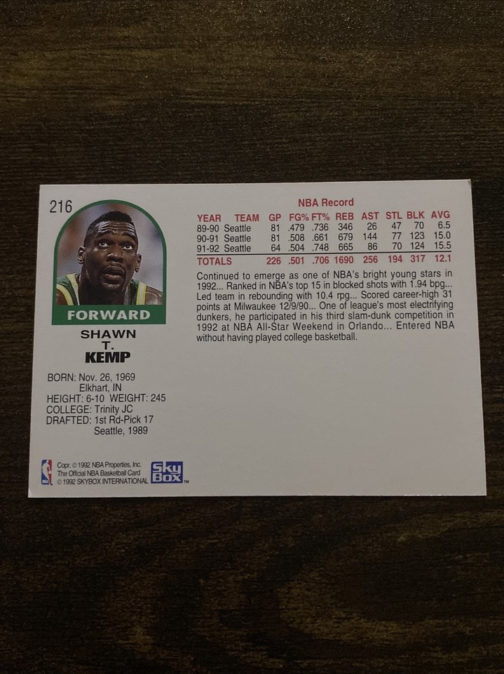 1992-93 Hoops Shawn Kemp Seattle SuperSonics #216 L3906* | eBay