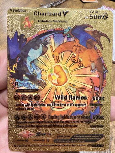 Charizard V Fire Dinosaur Evolution Gold Foil FanArt Pokémon Card LV ...