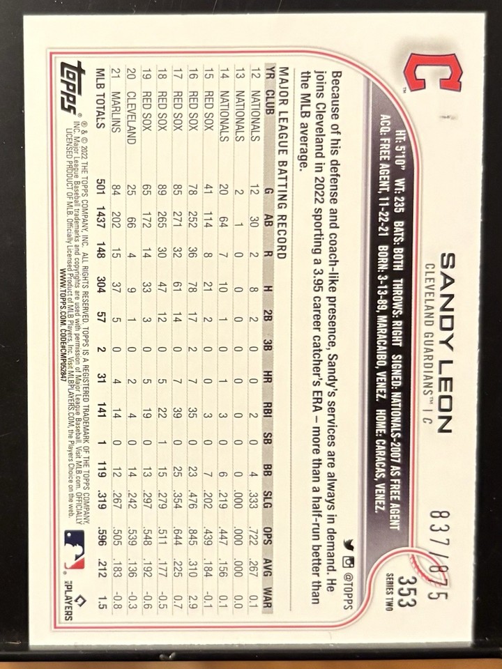 2022 Topps retail FOILBOARD /875 Sandy Leon Baseball Card #353 | eBay