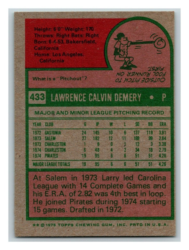 1975 Topps Larry Demery Pittsburgh Pirates #433 (KCR) | eBay