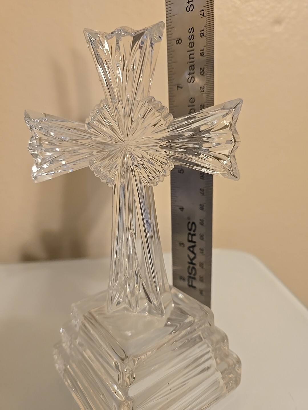 Vintage Crystal Clear 8" Tall Mantle Cross Crucifix Stand 3 Tier Base ...