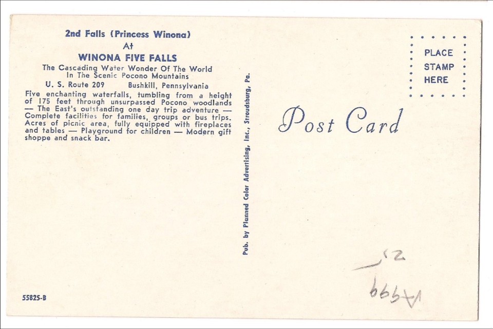 PRINCESS WINONA FALLS Pocono Mountains Postcard Pennsylvania PA ...