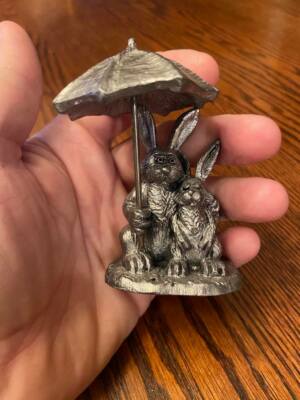Vintage MICHAEL RICKER Signed PEWTER BUNNY RABBIT COUPLE with Umbrella ...