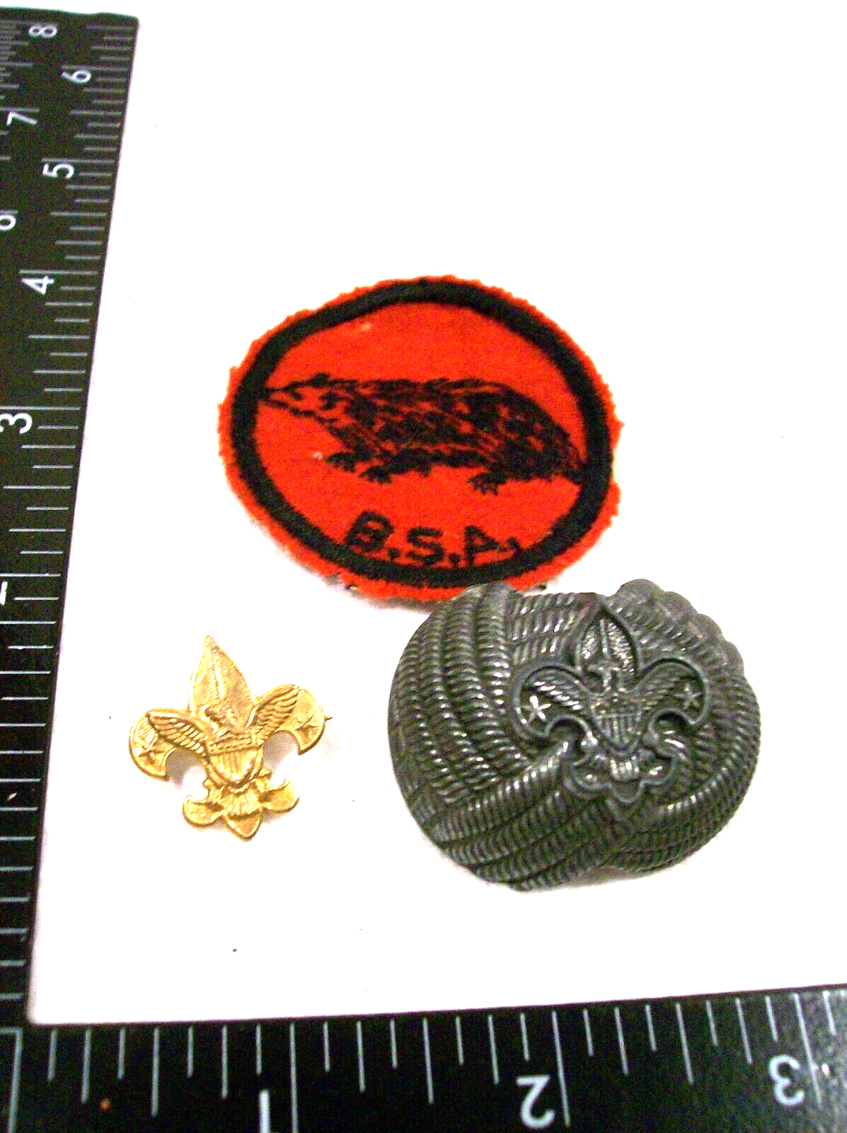 Lot of (3) Boy Scout Items - Tie/Scarf/Bandana Slide, Pin, and (Badger ...