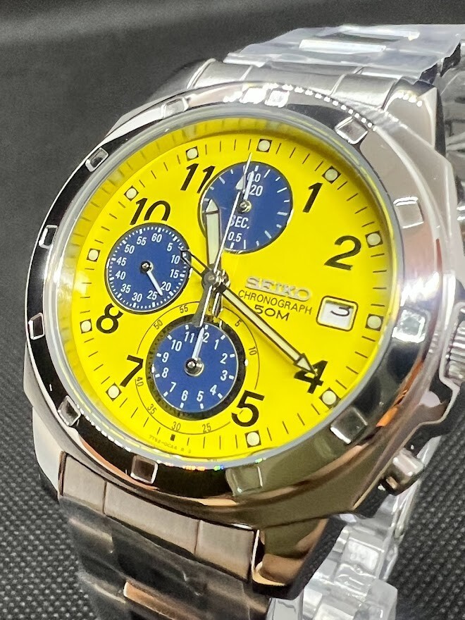 SEIKO SND409 Chronograph Yellow × Navy Stainless Steel Quartz Watch Men ...