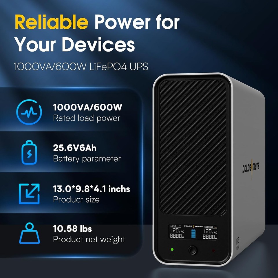 Goldenmate 1000VA 600W LiFePO4 UPS Pure Sine Wave Battery Backup ...
