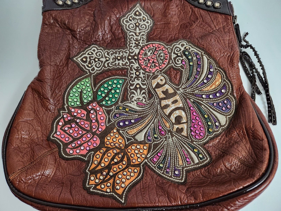 Kippys "Peace" Brown Bedazzled Crystal Tooled Leather Shoulder Tote Bag ...