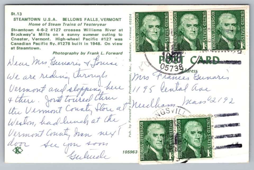 Postcard: Steamtown, Bellows Falls, VT, Train, Frank L. Forward, Posted ...