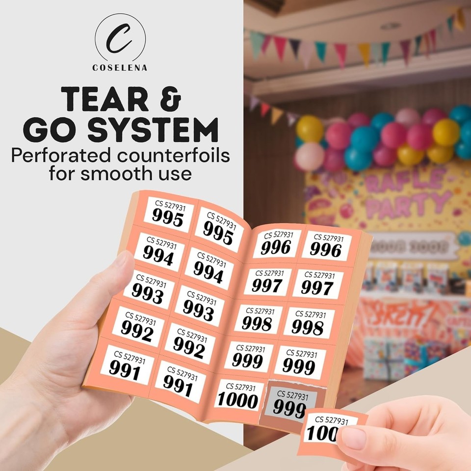 5 Books of 1-1000 Cloakroom Raffle Tombola Draw Tickets Numbered Mixed ...