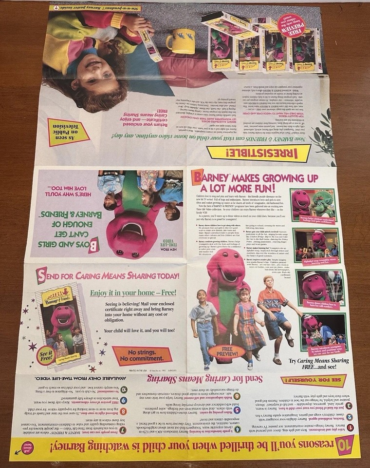 BARNEY 2 SIDED POSTER 1993 Home Video VHS Promo Vintage 26" x 17" Rare ...