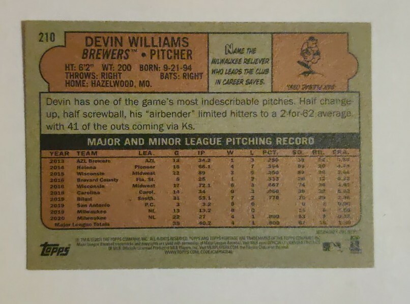 2021 Topps Heritage Devin Williams RC "ALL STAR ROOKIE" #210 BREWERS | eBay