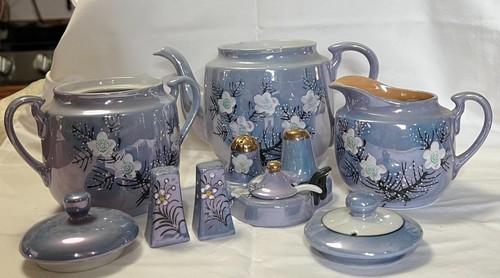 Vintage Japan Lusterware Cherry Blossom Bird Blue Iridescent Tea Set ...