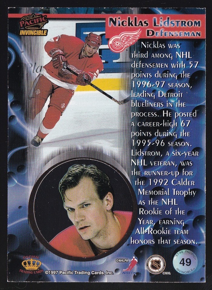 1997-98 Pacific Invincible Nicklas Lidstrom #49 HOF | eBay