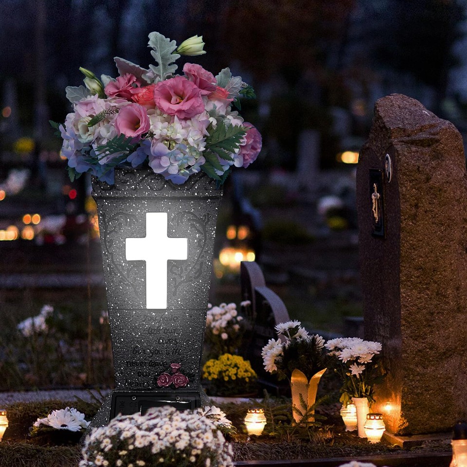 Solar Cemetery Vase with LED Cross Lamp Memorial Flower Holder with ...