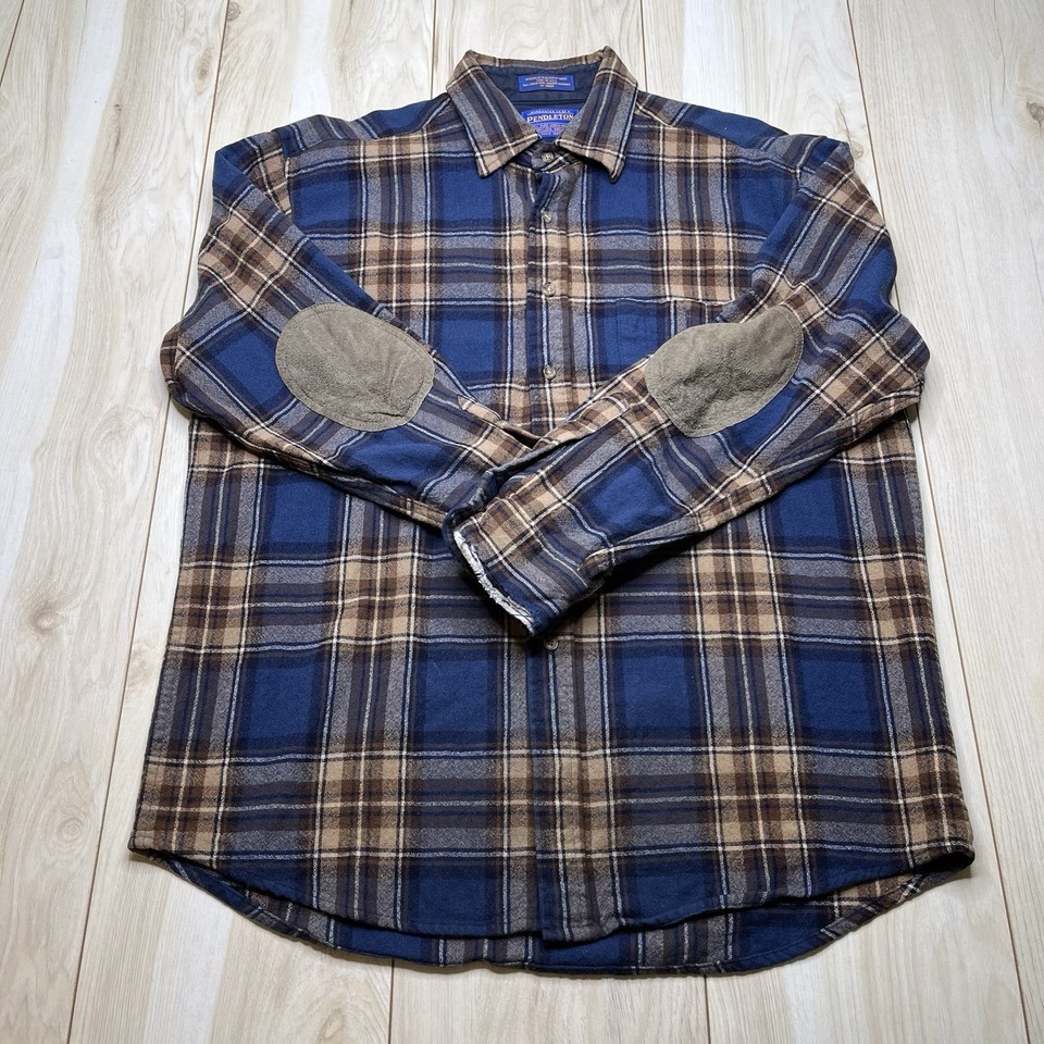 Pendleton Wool Button Up Plaid Flannel Shirt Elbow Patches Men Size ...