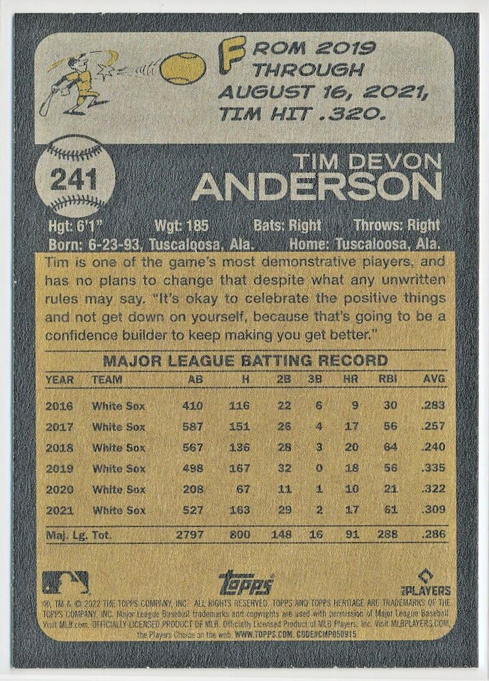 2022 Topps Heritage - Tim Anderson - Chicago White Sox - Base - #241 | eBay