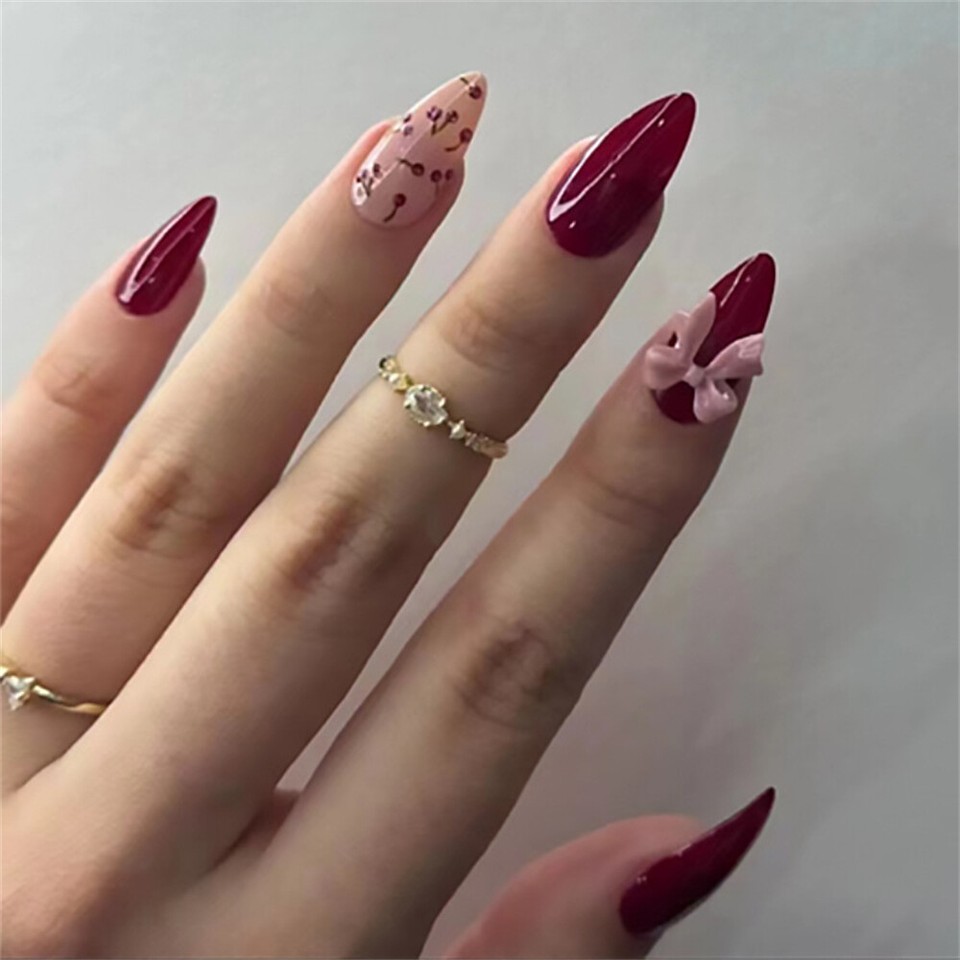 Short Almond Press-On False Nail Sweet Fruits Soild Color Glossy ...