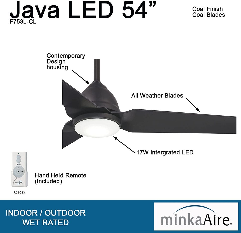 Minka-Aire F753L-CL Java 54'' Outdoor & Indoor Ceiling Fan w/ LED Light ...