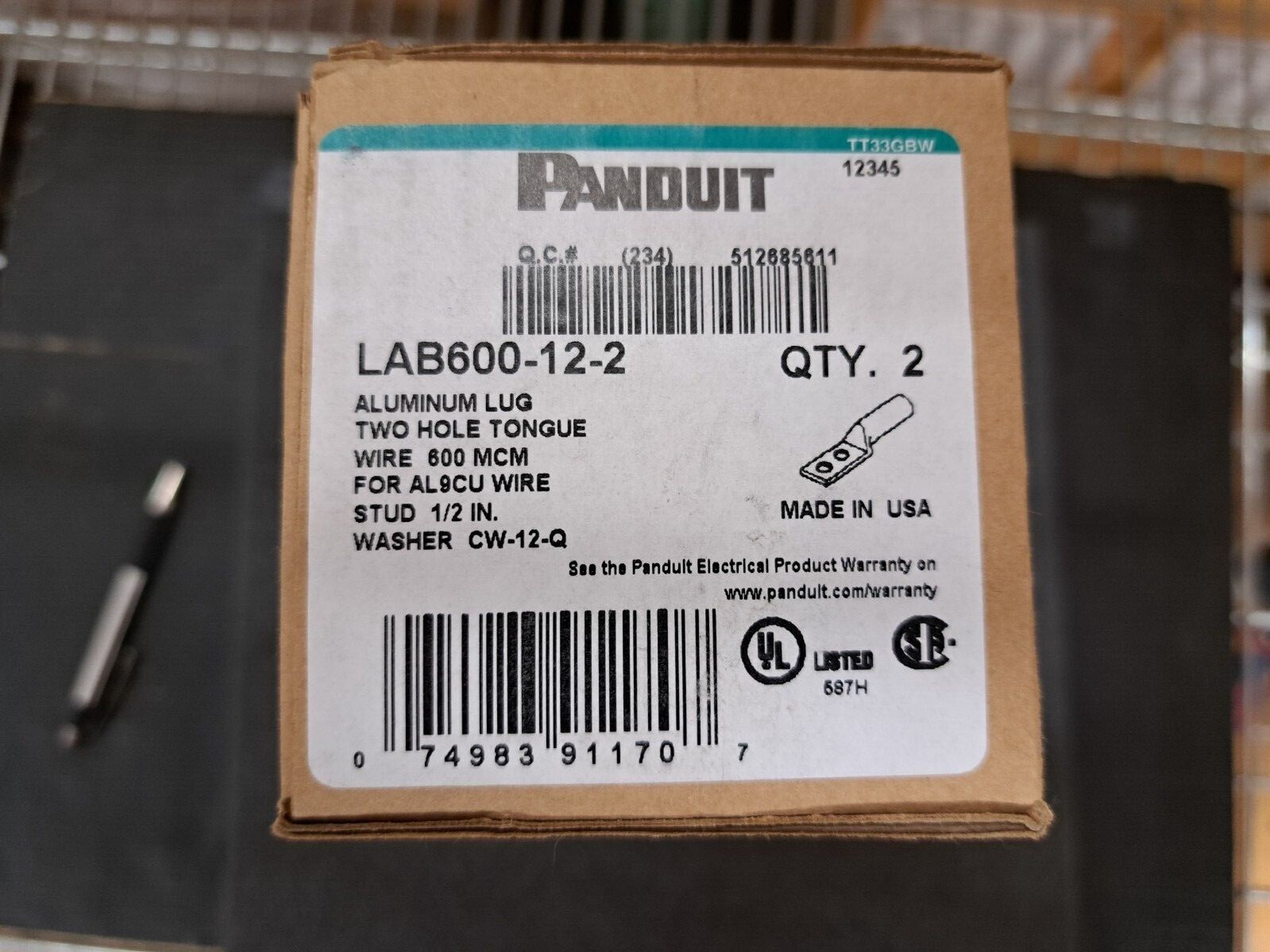 New, Panduit, LAB600-12-2, Comp. Lug, 600, Tin Plt Al, Strt, 1/2" Stud ...