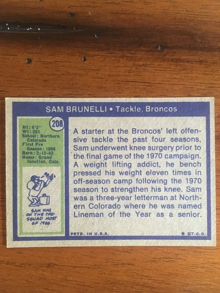 1972 Topps Football #208 Sam Brunelli Denver Brocos | eBay