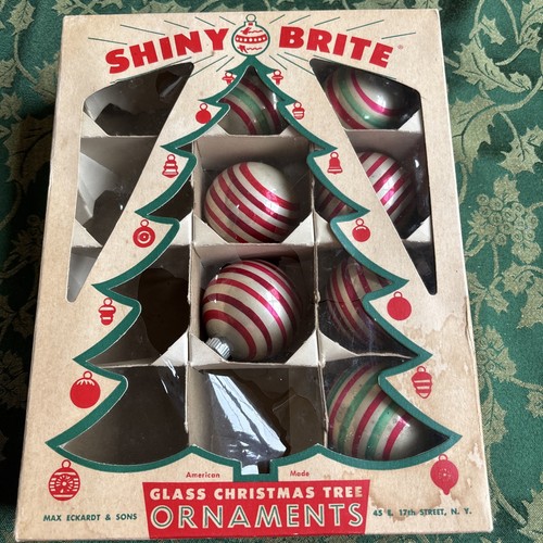 Rare Vintage Shiny Brite Christmas Tree Striped Ornaments x 7 Red Green ...