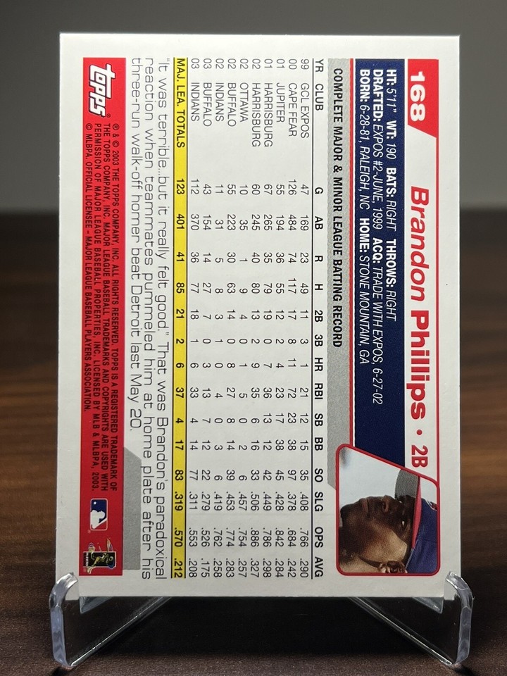 Brandon Phillips Signed Autographed 2003 Topps Baseball Card #168 ...