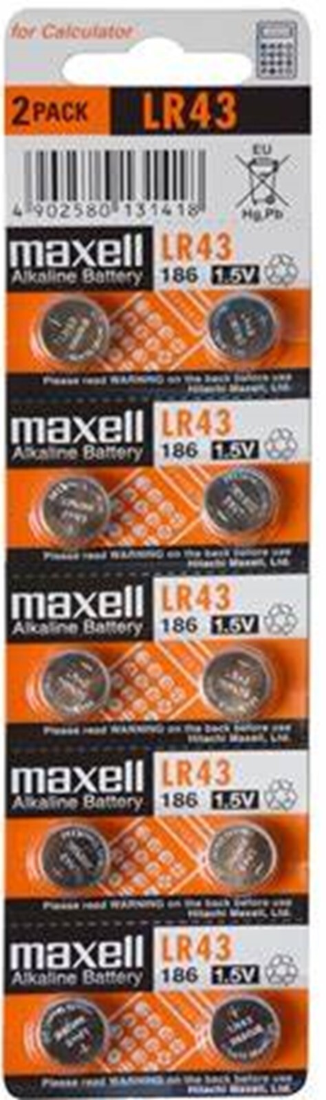 Twenty (20) Maxell Lr43 186 Alkaline 1 5v Battery Button Cell Batteries ...