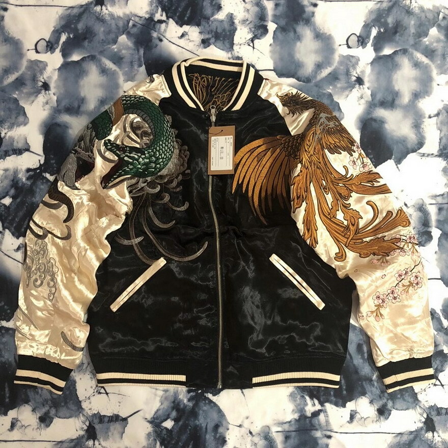 Mens Souvenir Jacket Japanese Pattern Sukajan REVERSIBLE Embroidery ...