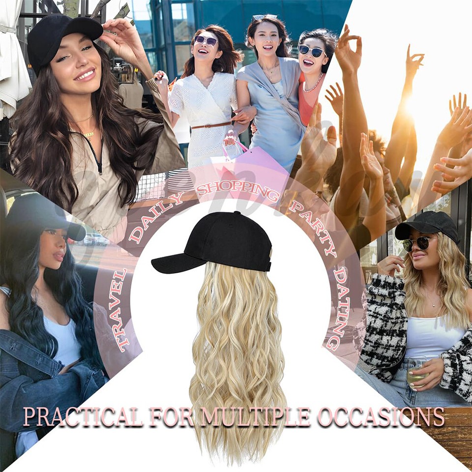 Baseball Hat Cap with Fake Hair Soft Long Wavy Hair Wigs Caps for Women ...
