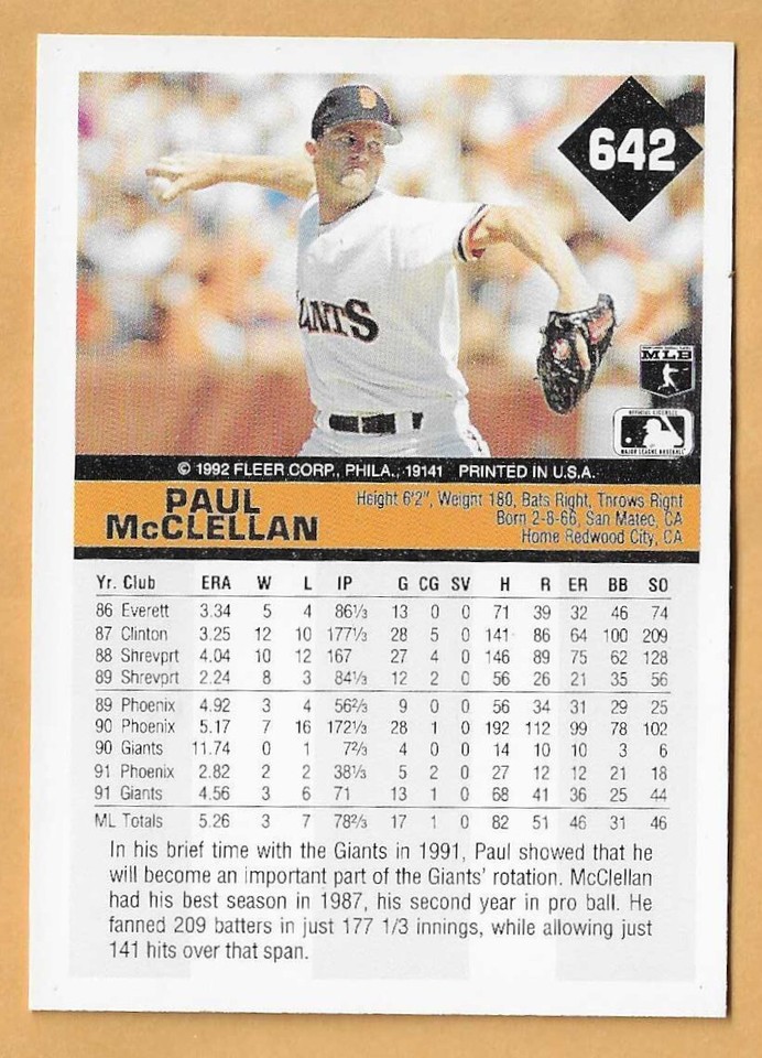 PAUL McCLELLAN SAN FRANCISCO GIANTS #642 - FLEER NM-MT 1992 | eBay