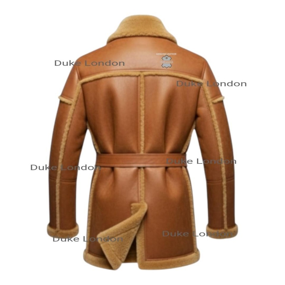 Men Real Sheep Skin Leather Long Coat Fur Vintage Retro Leisure Bomber ...