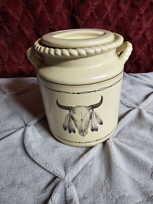 Stoneware Milk Jug Canister W/lid Southwesten Longhorn Cattle Speckled ...