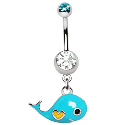 LIGHT BLUE WHALE BELLY BUTTON RING STEEL NAVEL PIERCING JEWELRY (14G 3/ ...