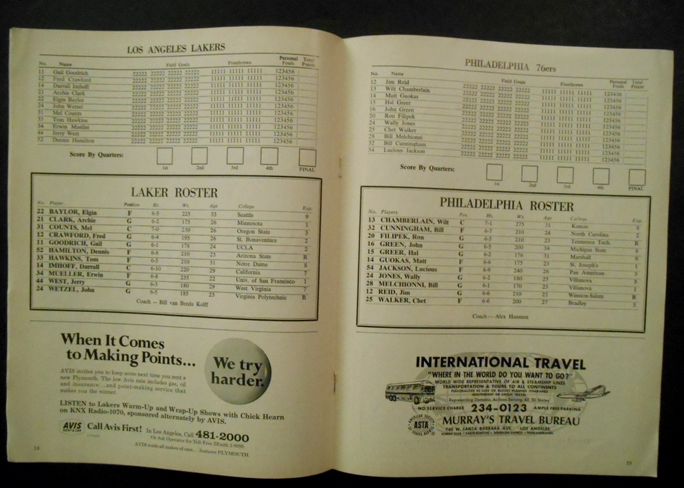 Feb 17, 1968 Lakers Philadelphia 76ers Program & Ticket West 49 ...